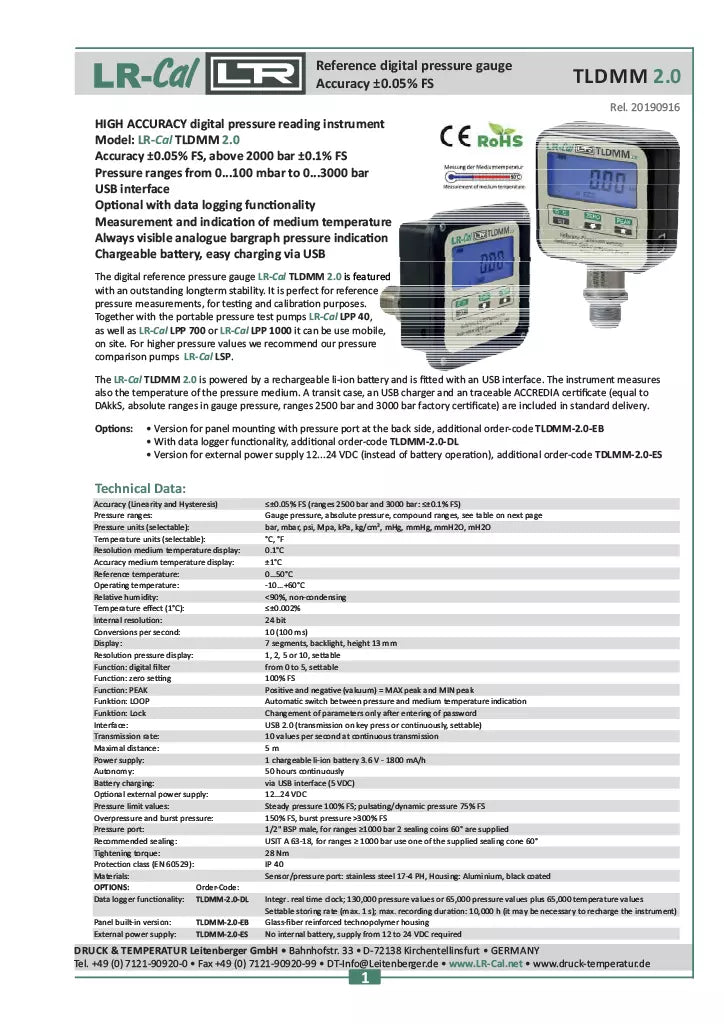 LR-Cal TLDMM 2.0 Precision Digital Reference Pressure Gauge ±0.05% Acc ...